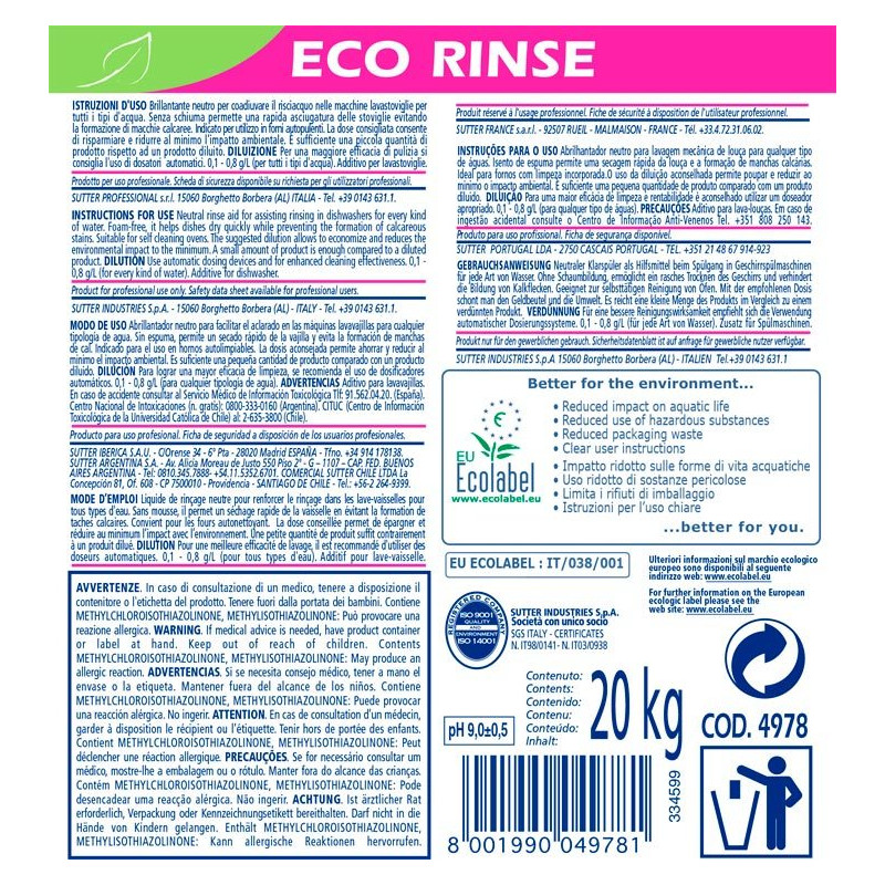 Abrillantador Eco Rinse Hostelería 20L